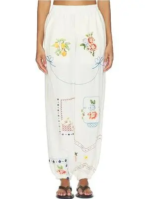 Agua Bendita Embroidered Linen Blend Basket Pant - Multicolor