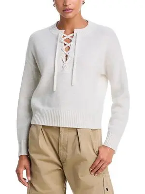 Aqua Cashmere Drop Shoulder Lace Up Sweater - Ash