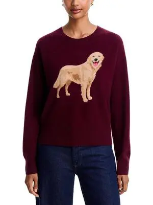 Aqua 100% Cashmere Golden Retriever Crewneck Sweater - Black Cherry