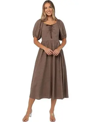 IN FEBRUARY Teddy Gingham Midi Dress - Mocha