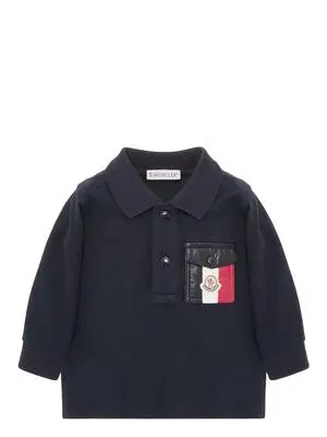 Moncler Tricolor Long Sleeve Cotton Piquet Polo Shirt - Dark Blue