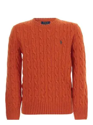 Ralph Lauren Cable Knit Crewneck Sweater With Embroidered Logo - Orange