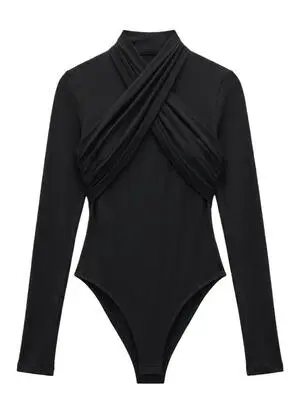 Wardrobe.NYC Ruched Crossover Bodysuit - Black