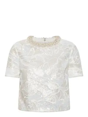 SELF-PORTRAIT Sequin Lace Top With Embellished Neckline - White