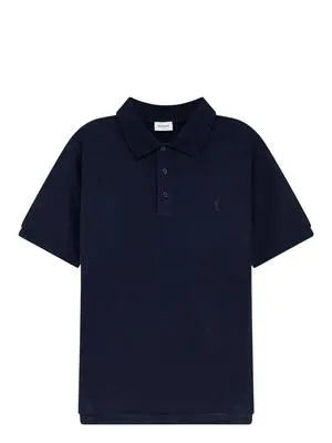 Saint Laurent Piqué Cotton Polo Shirt With Cassandre Embroidery - Blue