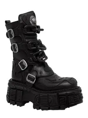 NEW ROCK Metallic Buckle-fastening Platform Boots - Black