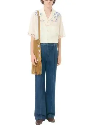 Valentino Garavani Linen Bowling Shirt In San Gallo With Vlogo Embroidery - White