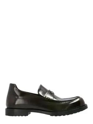 Balenciaga Square Toe Calfskin Loafers With Metallic Logo - Brown