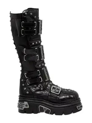 NEW ROCK Metallic Studded Buckled Boots - Black