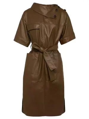 YVES SALOMON Asymmetric Belted Leather Midi Dress - Brown