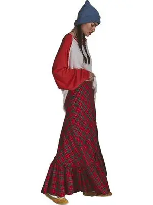 Free People Emberwood Plaid Flannel Maxi Skirt - Red Combo