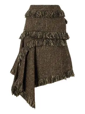 Sacai Sacai Fringed Wool-Blend Tweed Midi Skirt Brown