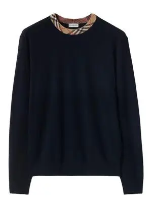 Burberry Burberry Checked-Trim Ribbed-Knit Jumper Navy
