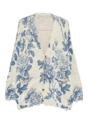 R13 Floral Print Distressed V-neck Cardigan - Blue