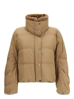 Brunello Cucinelli Techno Cotton Taffeta Down Jacket With Detachable Shearling And Monili - Beige