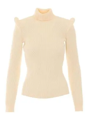 Elisabetta Franchi Ribbed High Neck Sweater With Padded Shoulders - Nude