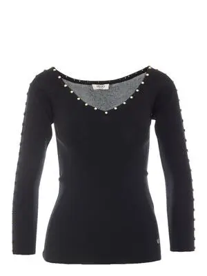 Liu Jo V-neck Embellished Knit Top - Black
