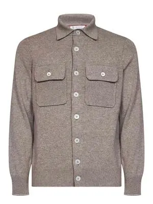 Brunello Cucinelli Long Sleeve Ribbed Knit Top With Collar And Button Closure - Gray