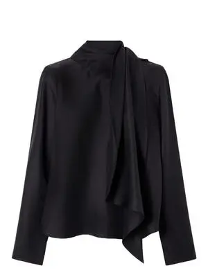 LOULOU DE SAISON LouLou De Saison Black Satin Draped Tie-Neck Blouse