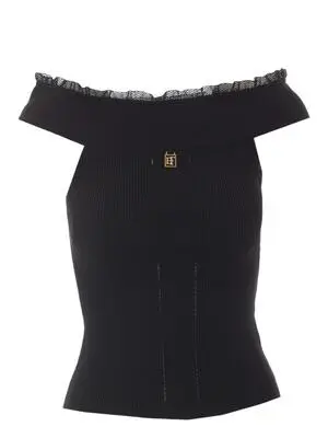 Elisabetta Franchi Lace-trimmed Ribbed Knit Top - Black
