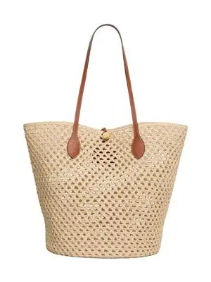 Celine Bucket Triomphe Beads Basket In Raffia And Calfskin - Tan