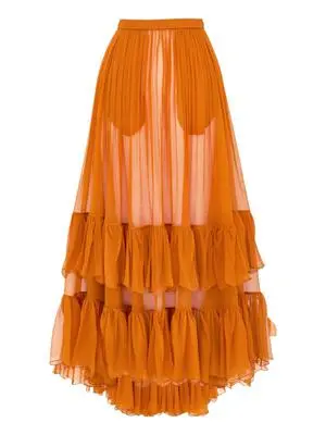 Saint Laurent Silk Crepon Muslin Skirt With Layered Ruffles - Caramel