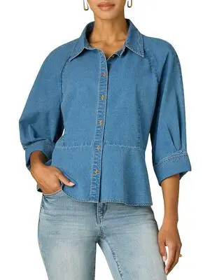 Wit & Wisdom Peplum Denim Shirt - Mid Blue