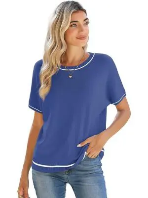 ZILPU Zilpu Lightweight Soft Knit Crewneck Top With Contrast Trim Blue