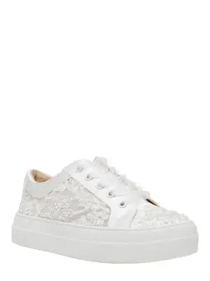Betsey Johnson Embellished Floral Lace-up Platform Sneakers - Ivory