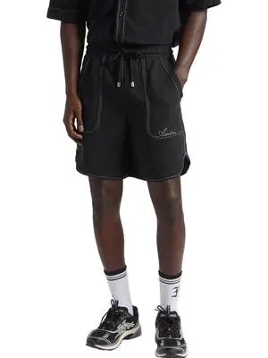Amiri Script Garment Dyed Linen Blend Shorts Black