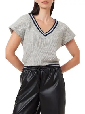 Habitual Ribbed Short Sleeve V-neck Sweater With Striped Trim - Heather Grey