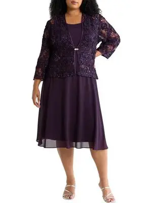JESSICA HOWARD Sequin Lace Jacket & Sleeveless Dress Set Plum