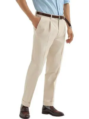 Brunello Cucinelli Cotton And Virgin Wool Gabardine Trousers With Pleat - Ivory