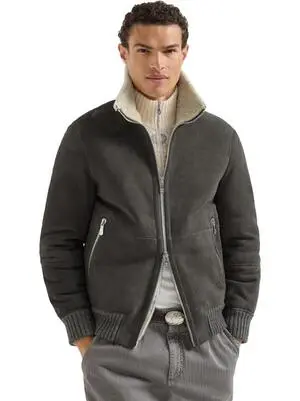 Brunello Cucinelli Suede Curly Shearling Bomber Jacket - Grey