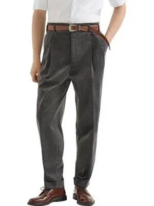 Brunello Cucinelli Frosted Cotton Corduroy Trousers With Double Pleats - Grey