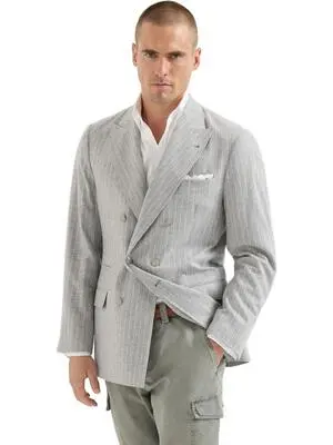 Brunello Cucinelli Virgin Wool And Cashmere Chalk Stripe Flannel One-and-a-half Breasted Deconstructed Blazer With Metal Buttons - Light Grey