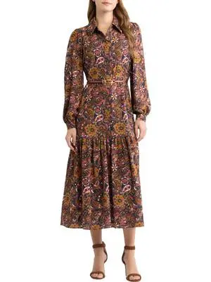 Eliza J Print Belted Long Sleeve Maxi Shirtdress - Navy Multi