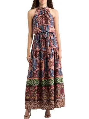 Julia Jordan Print Sleeveless Tiered Maxi Dress - Blue Rust