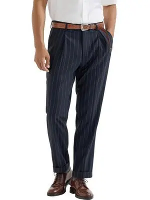 Brunello Cucinelli Super 150s Virgin Wool Wide Chalk Stripe Batavia Trousers - Blue