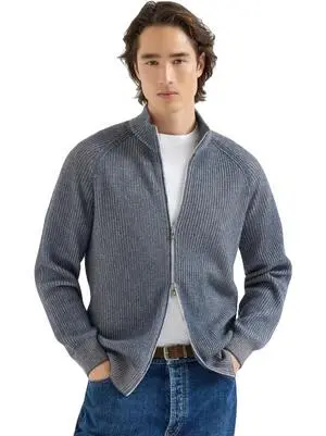 Brunello Cucinelli Cashmere Vanisé English Rib High-neck Cardigan With Zipper - Cerulean