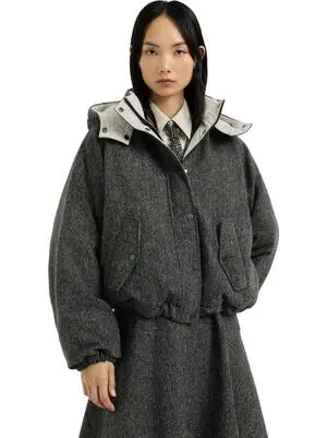 Brunello Cucinelli Virgin Wool Donegal Down Jacket With Detachable Hood And Shiny Zipper Pull - Anthracite