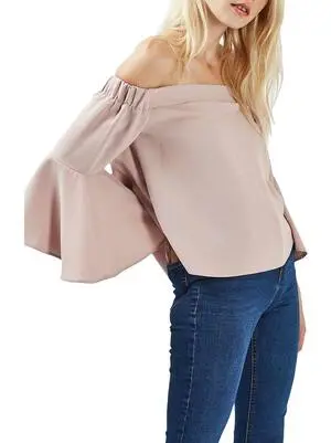 Topshop Ella Off-the-shoulder Top With Fluted Sleeves - Blush