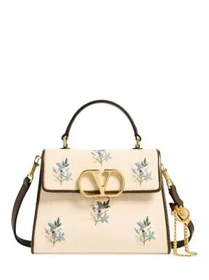 Valentino Garavani Small Embroidered Linen Top Handle Bag - Beige Multi
