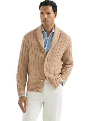 Brunello Cucinelli Brunello Cucinelli Ribbed Shawl Collar Cashmere Cardigan Camel