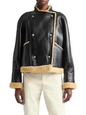 Altuzarra Kenny Genuine Shearling Trim Leather Coat - Black Granola