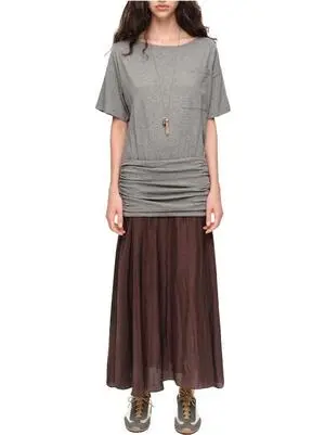Bimba Y Lola Ruched Two-material Flared Midi Dress - Melange Grey