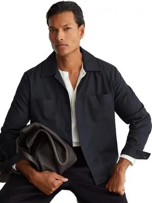 REISS Penge Brushed Twin-pocket Overshirt With Wool - Navy