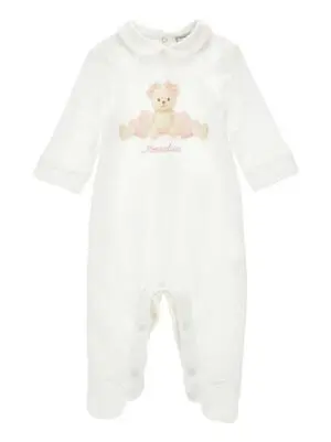 Monnalisa Teddy-bear-print Peter Pan-collar Sleepsuit - Cream