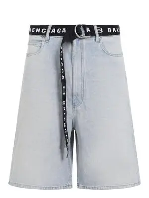 Balenciaga Belted Cotton Bermuda Shorts - Blue