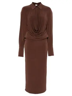 Andamane Collared Long Sleeve Draped Dress - Marrone